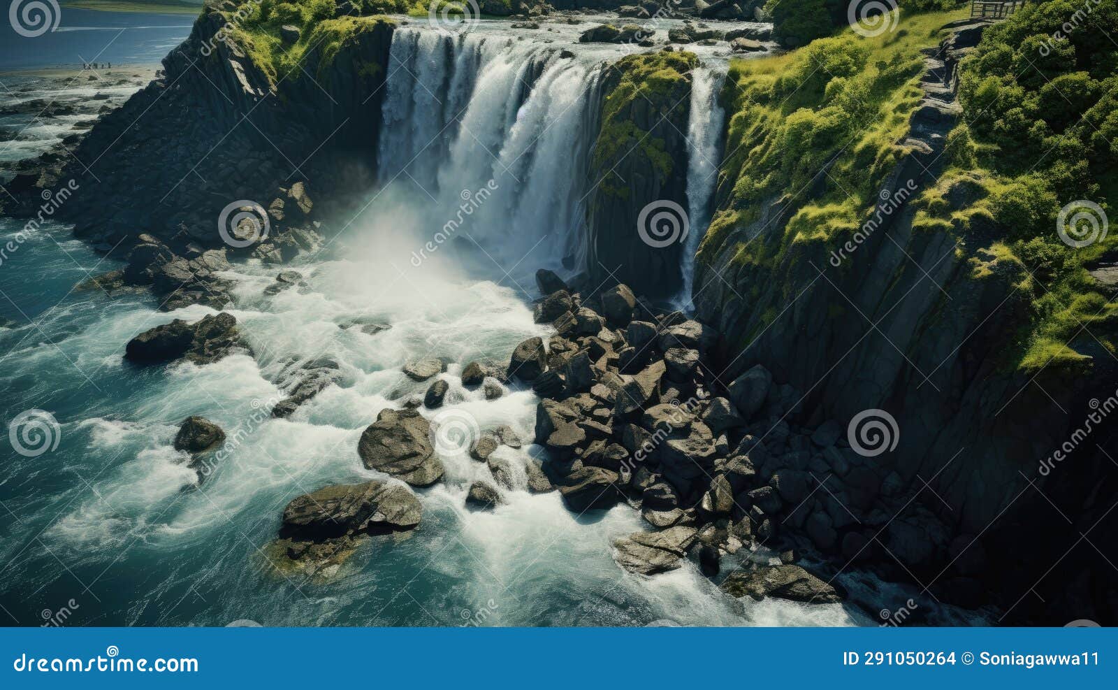 Waterfall in an Overhead Shot, with Water Cascading Down Surrounded by ...