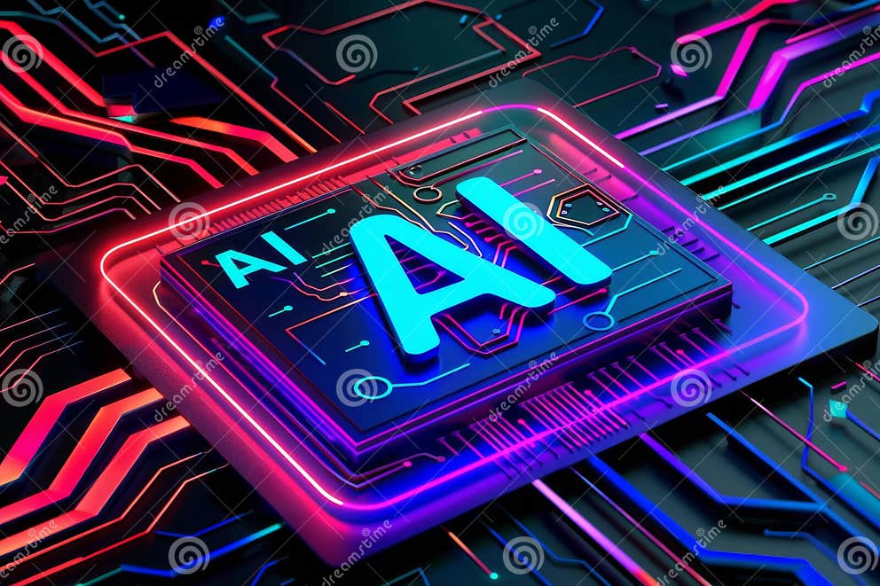 AI Microchip with Vibrant Neon Lights on a Black Background, Creating a ... AI Microchip with Vibrant Neon Lights on a Black Background, Creating a ...