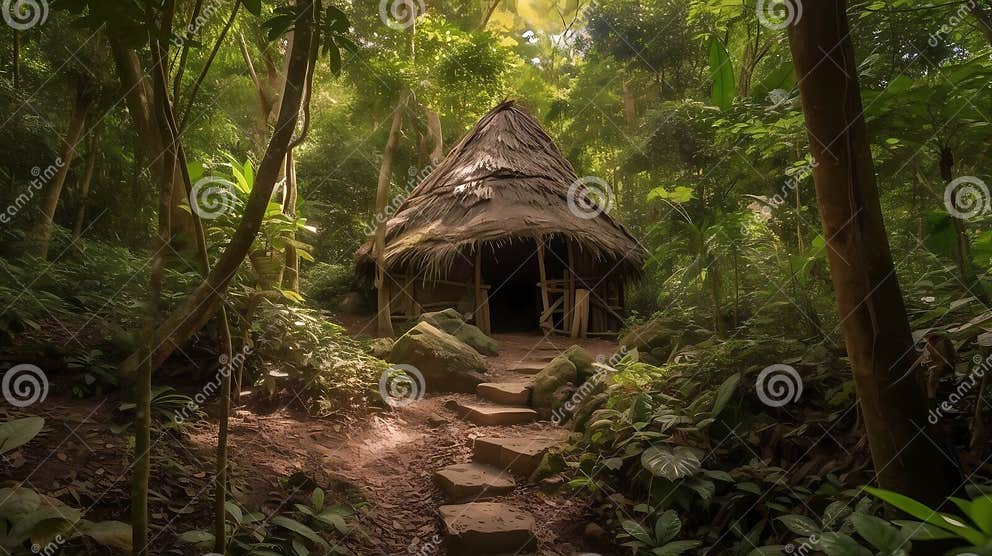 Jungle Hut, Made with Generative AI Stock Illustration - Illustration ...