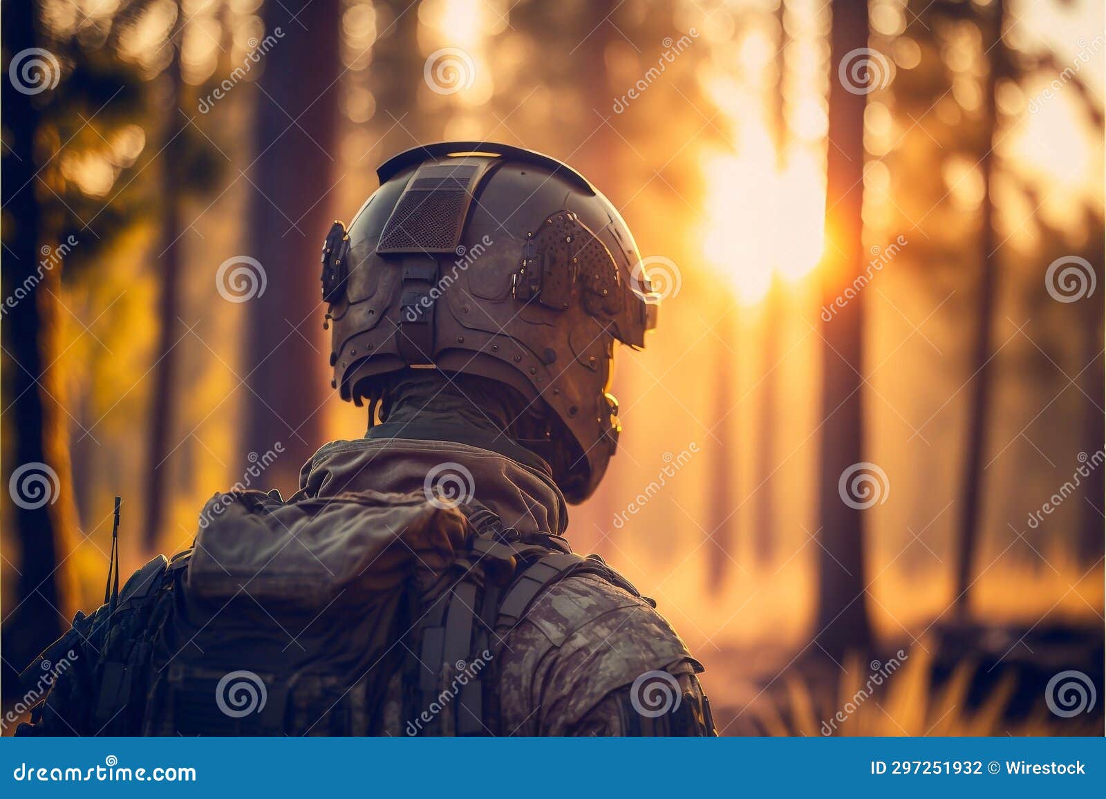 AI Generated Military Man in Forest at Sunset Stock Illustration ...