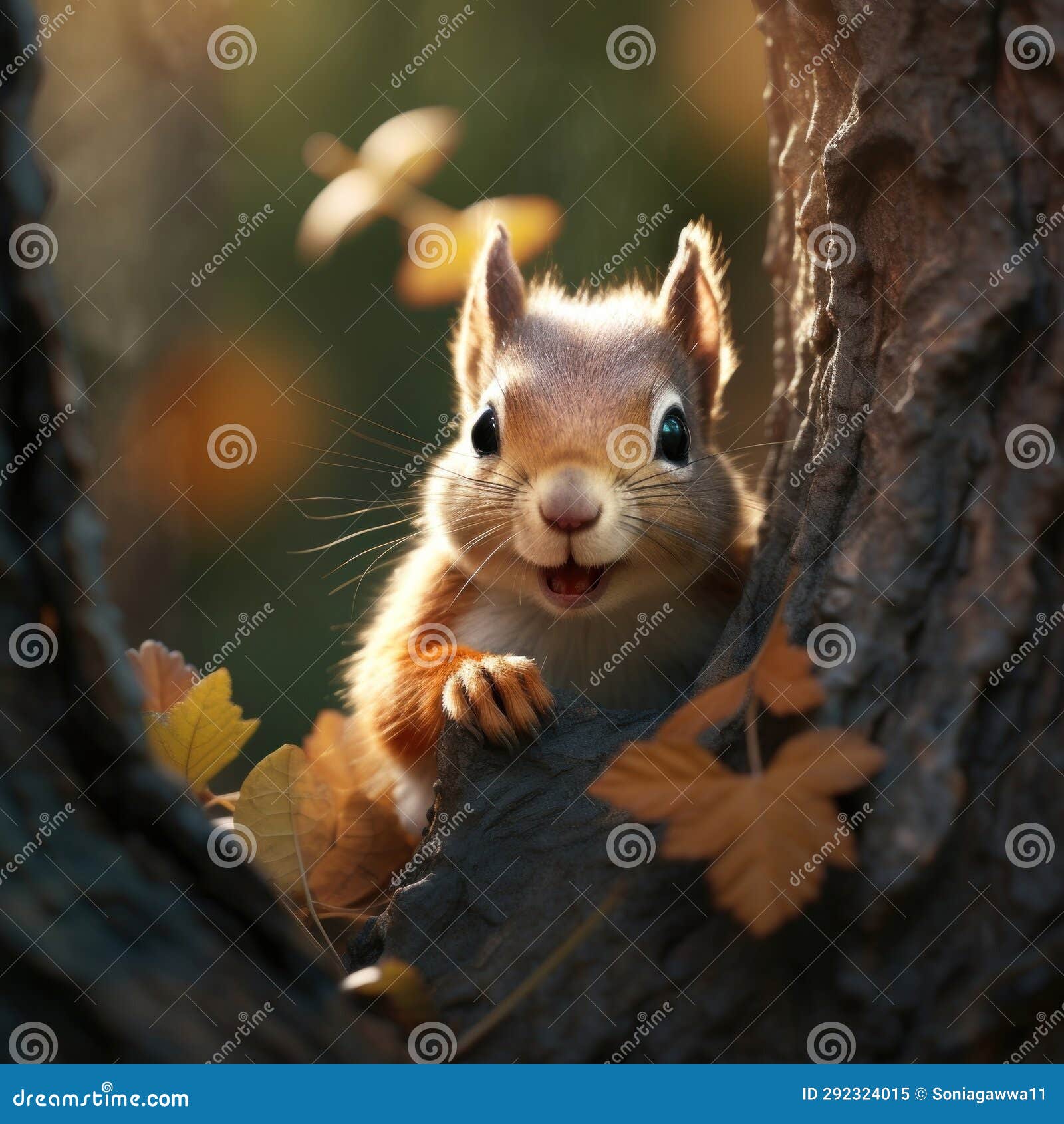 A Mischievous Squirrel Peeking Out from Behind a Tree Trunk, Holding an ...