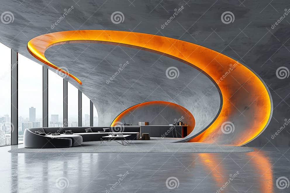Modern Architectural Space with Striking Orange Curved Ceiling and ...
