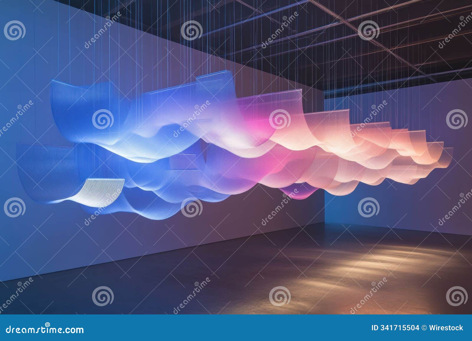 AI-generated Modern Art Installation Featuring Suspended, Colorful Mesh ...