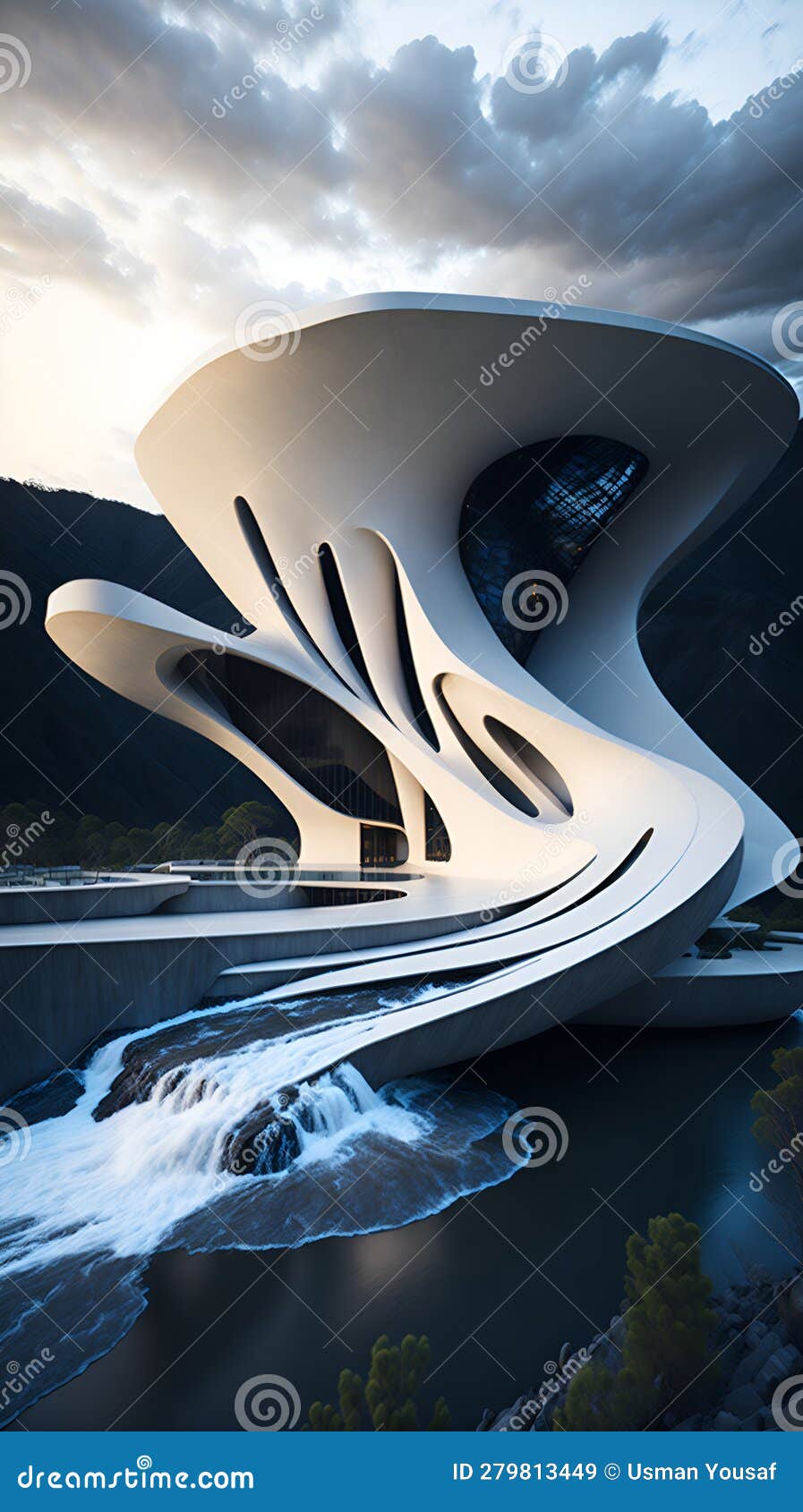A Futuristic Building with a Waterfall in Front of it Stock ...