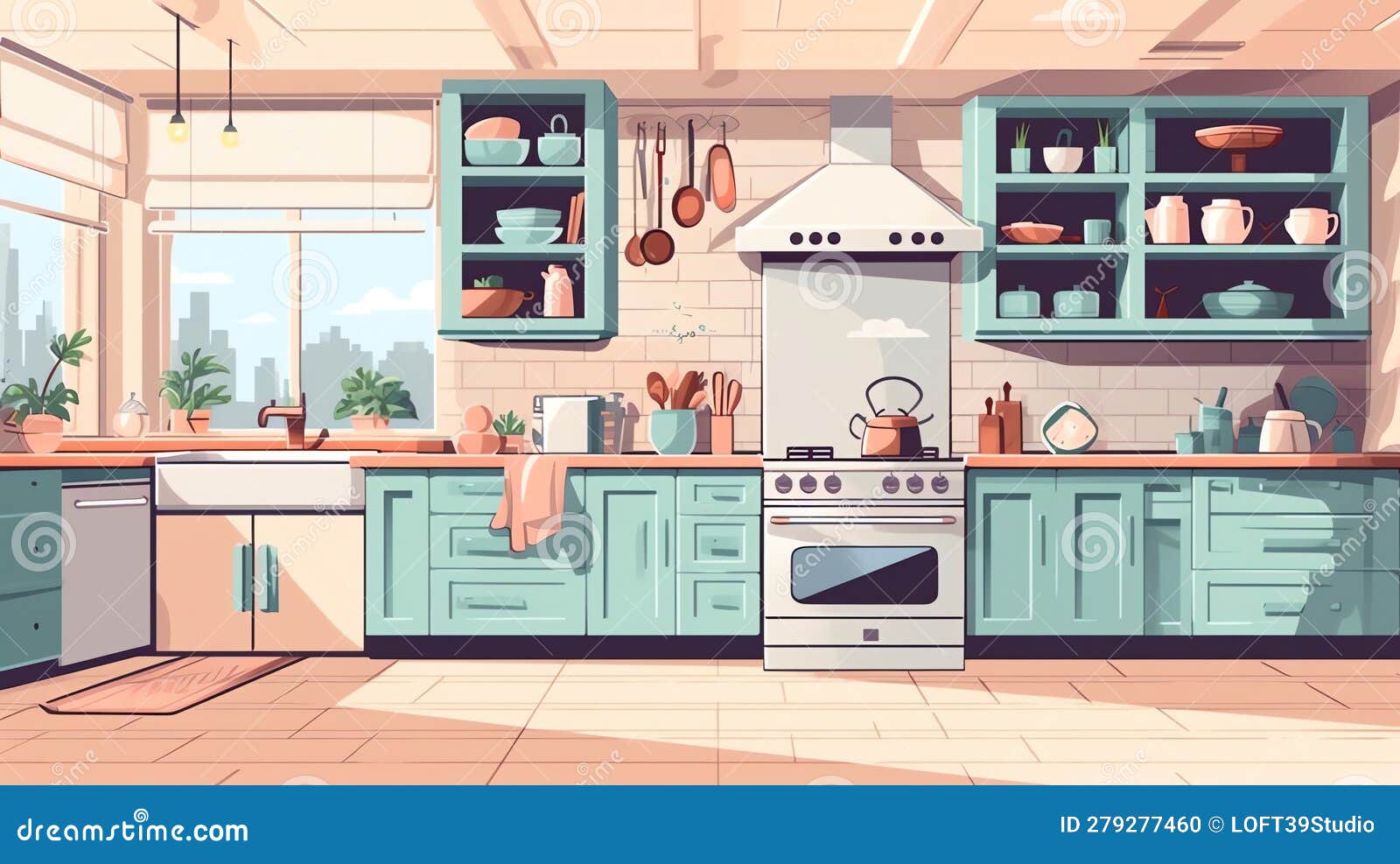 0Kitchen_interior_cartoon stock illustration. Illustration of flat ...