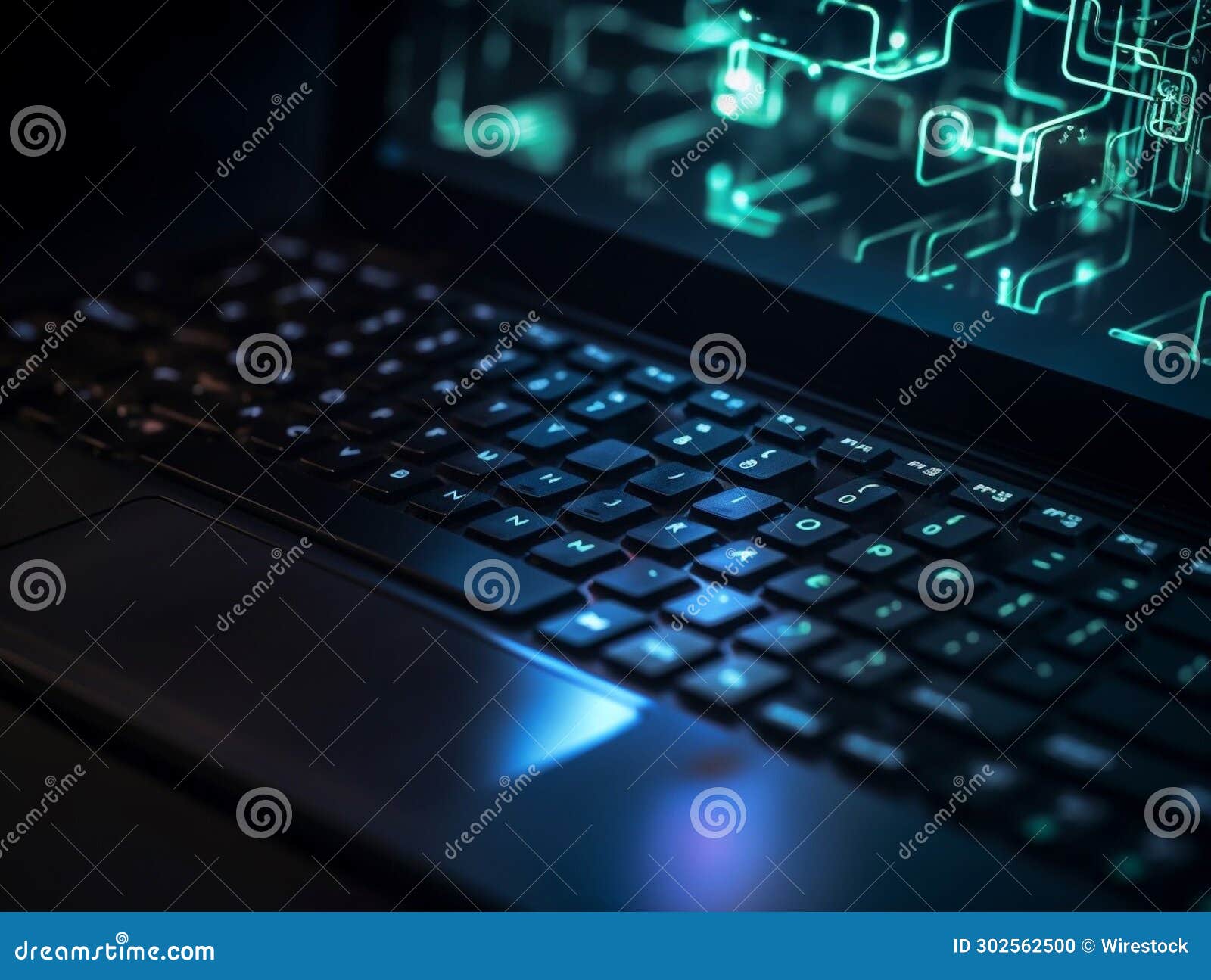 AI Generated Modern Laptop Computer Illuminated in the Dark Stock ...