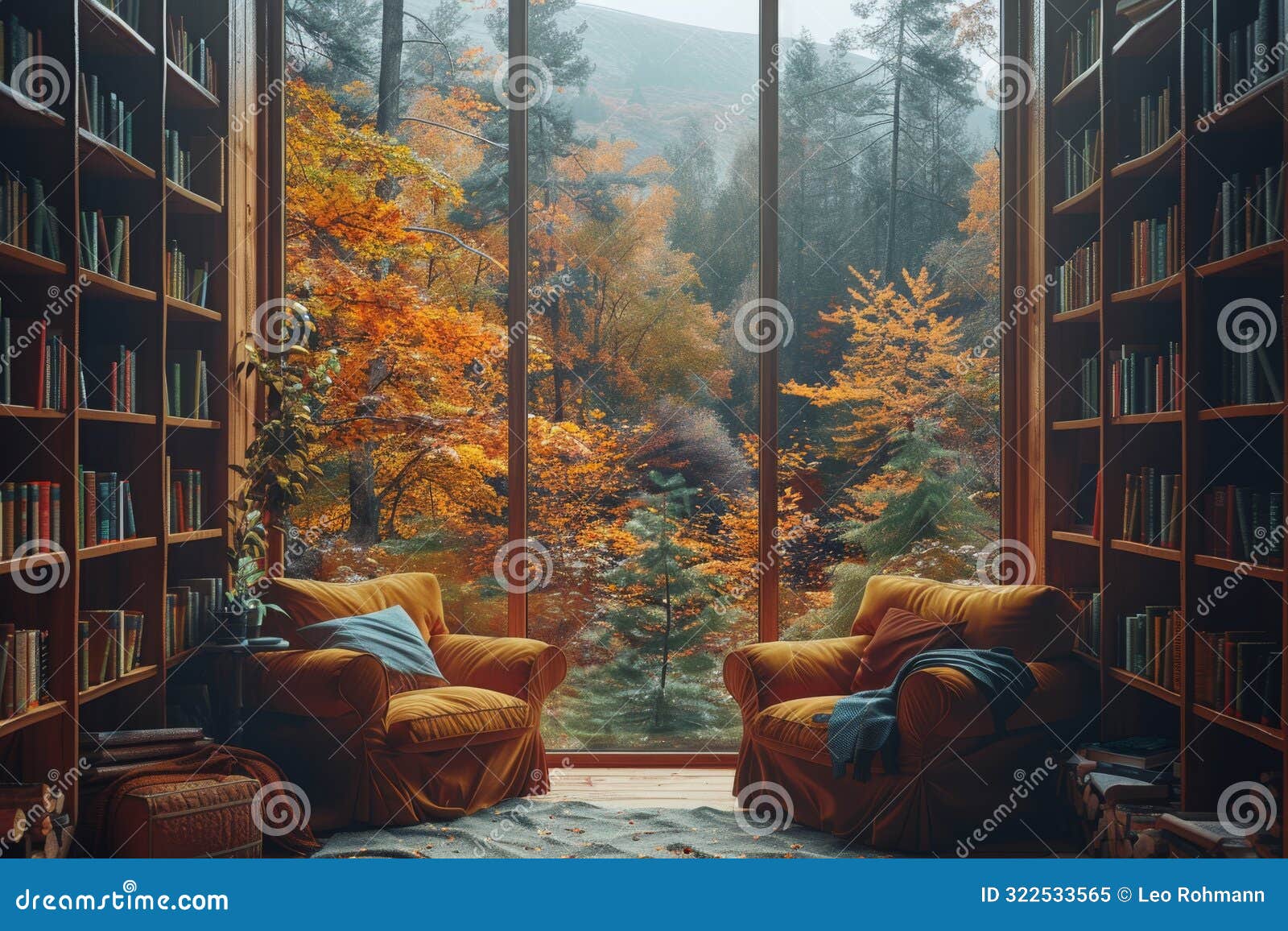 Modern Library with Circular Seating and Warm Lighting, Creating a ...