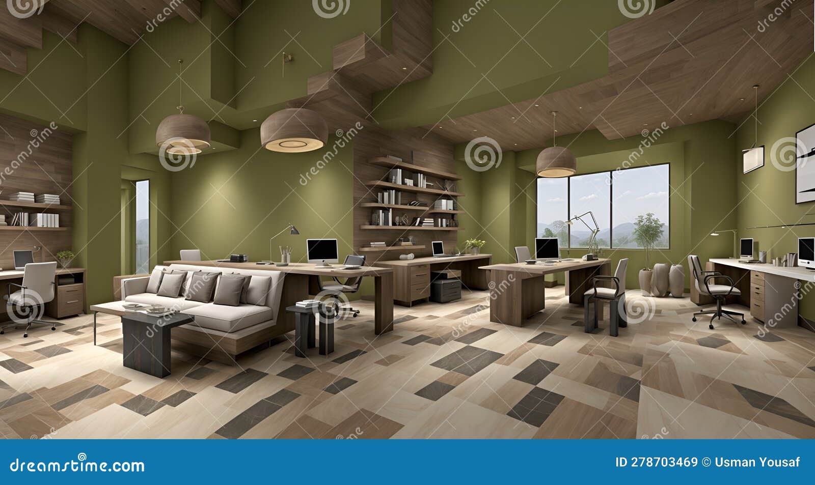 Ai Generated a Modern Office Space with Computer, Desks, and Chairs Stock Illustration ...