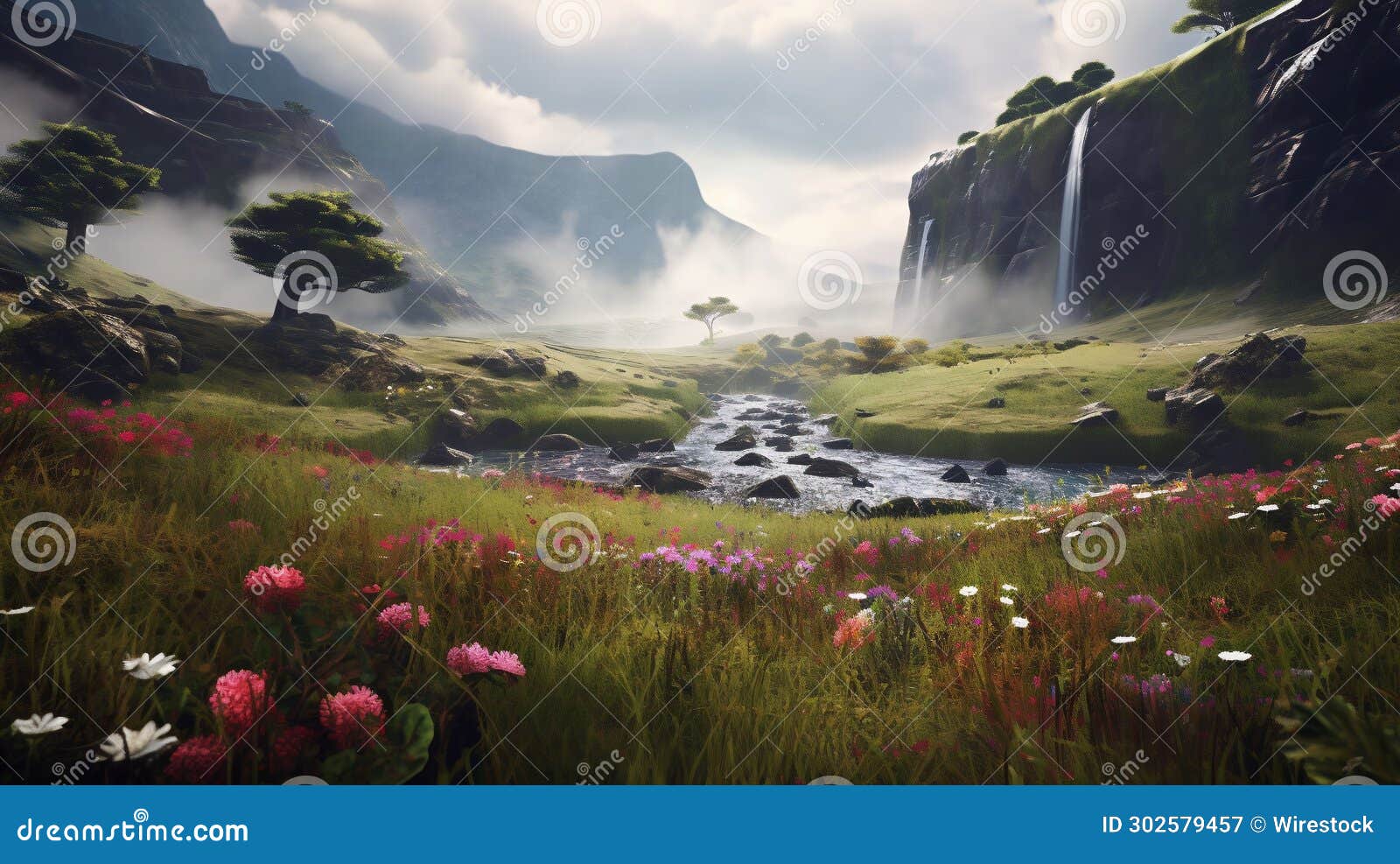AI Generated Mountain Valley with Falling Waterfalls Stock Illustration ...