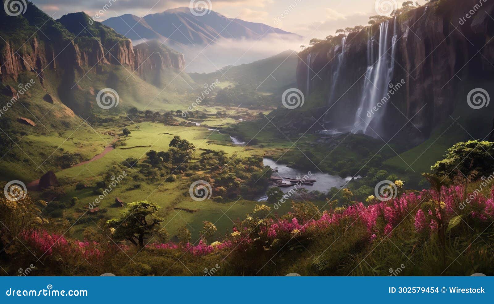 AI Generated Mountain Valley with Falling Waterfalls Stock Illustration ...