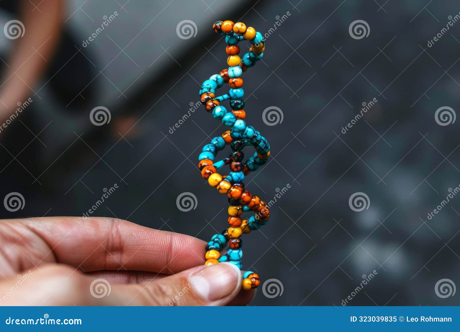 Multicolored Beaded DNA Helix Held in Hand, Dark Background, Intricate ...