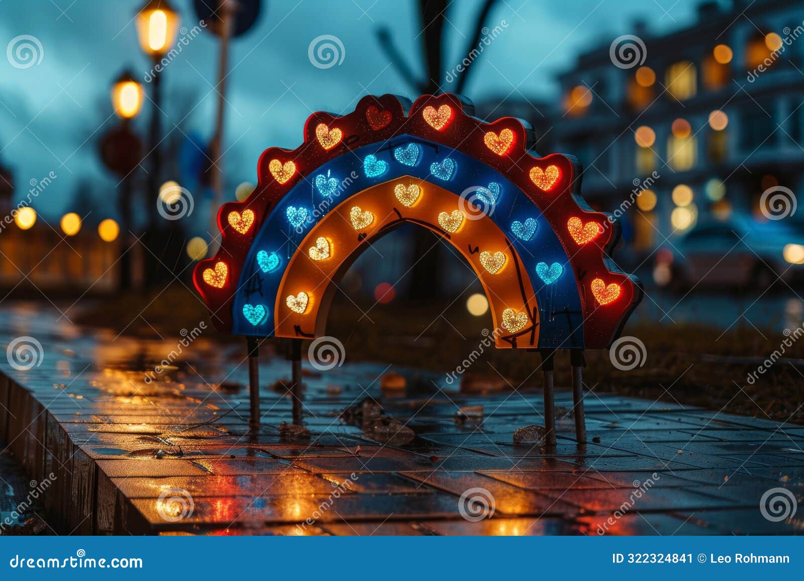 Neon Rainbow and Heart Light Installation on Rainy Street, Creating a ...