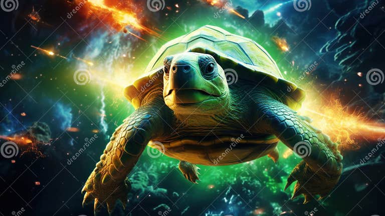 A Neon Yellow Space Turtle with a Glowing Shell, Navigating through a ...