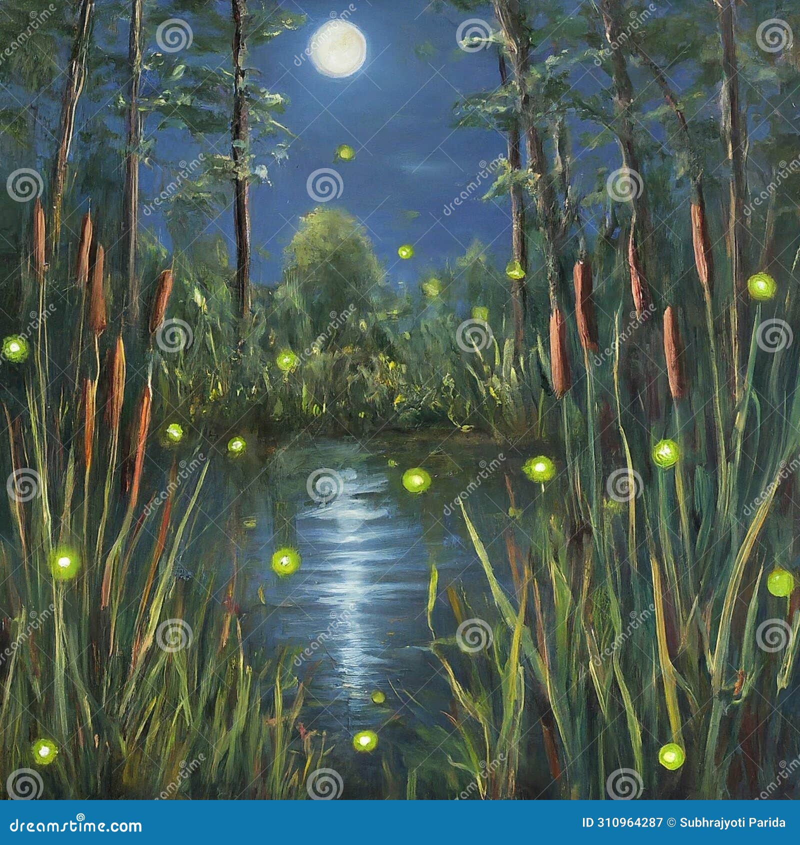 AI Generated Painting of Fireflies Twinkling in a Moonlit Night Sky ...