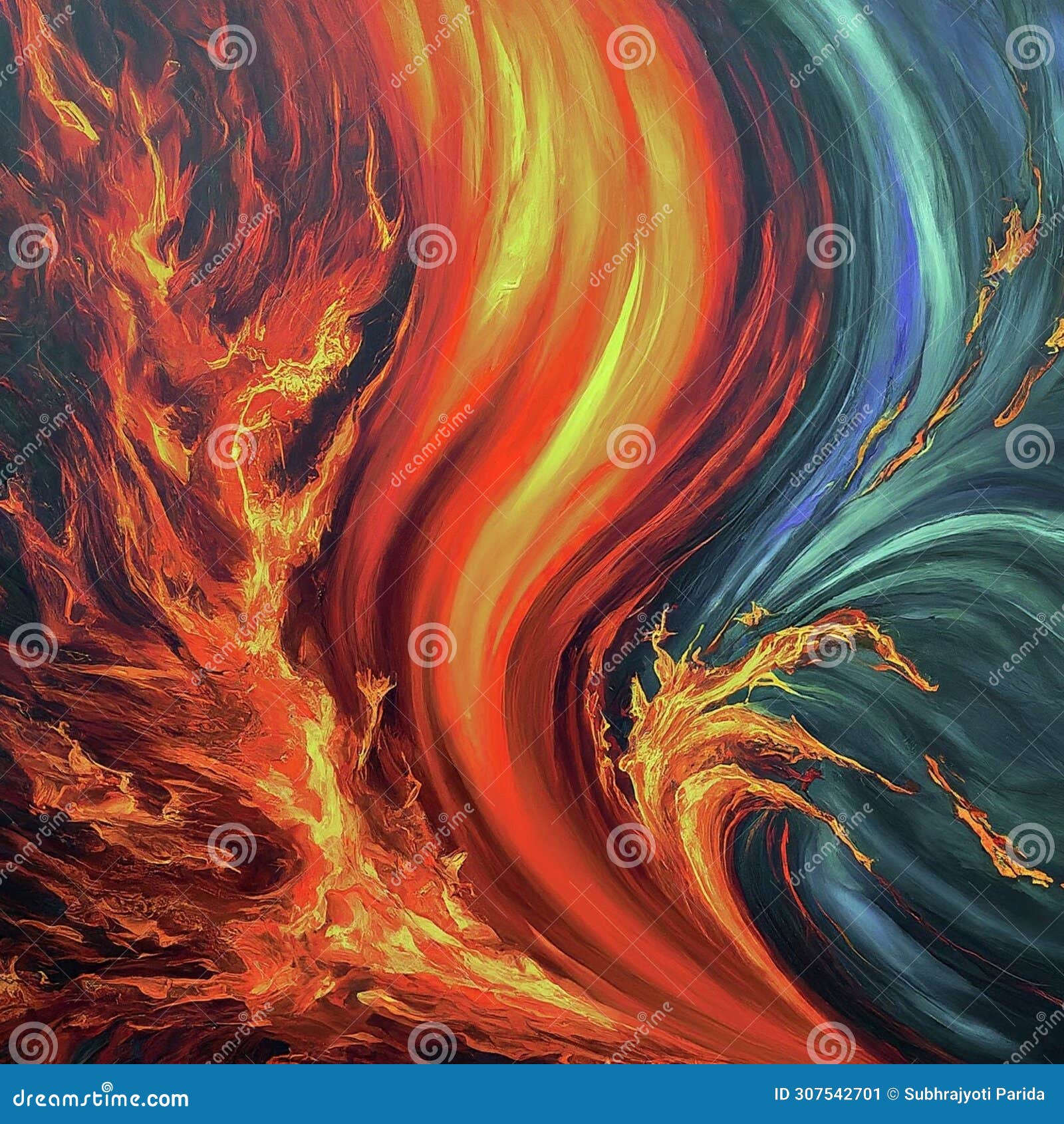 AI Generated Painting Showcasing Huge Flames of Fire and Blue Waves of ...