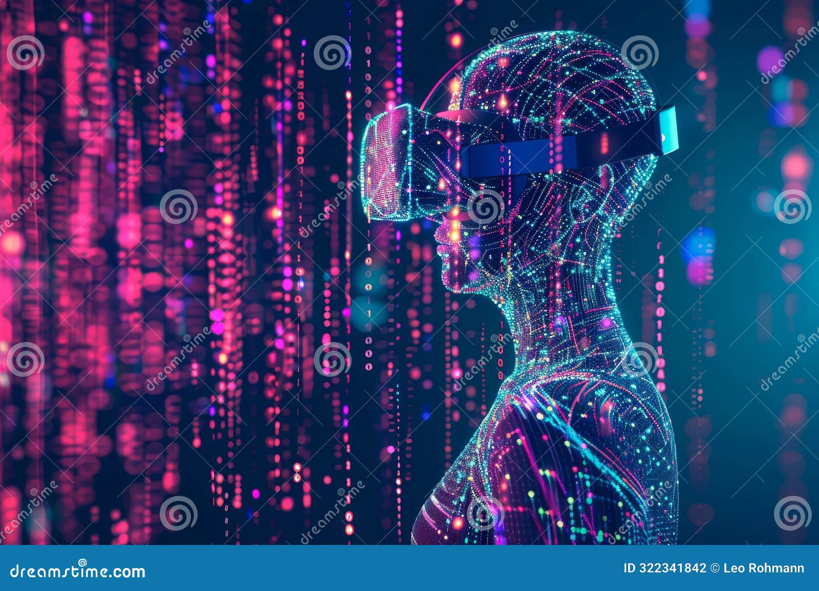 Person Immersed in VR Experience with Digital Matrix Overlay ...