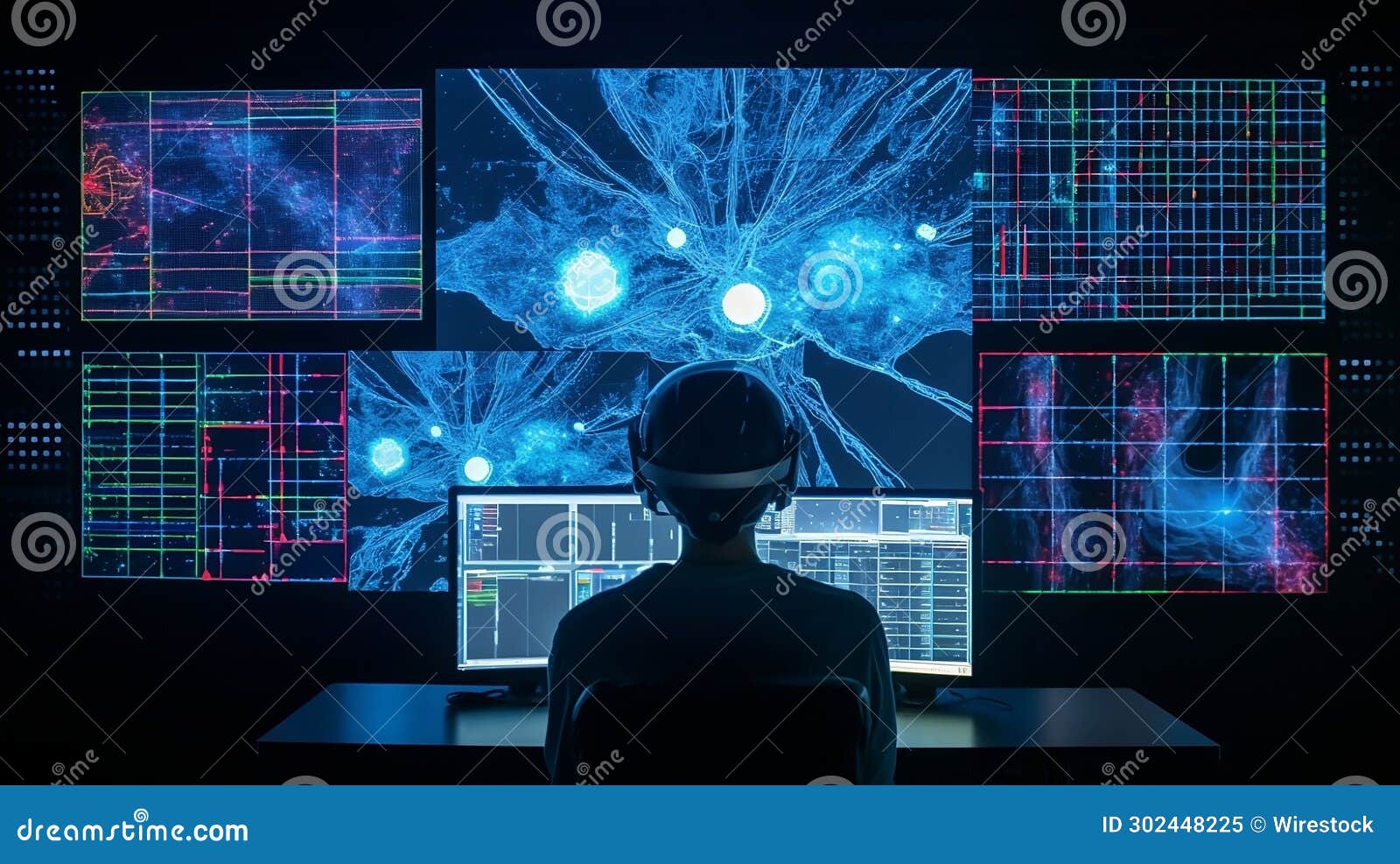 AI Generated Person Looking at Multiple Computer Screens Stock ...