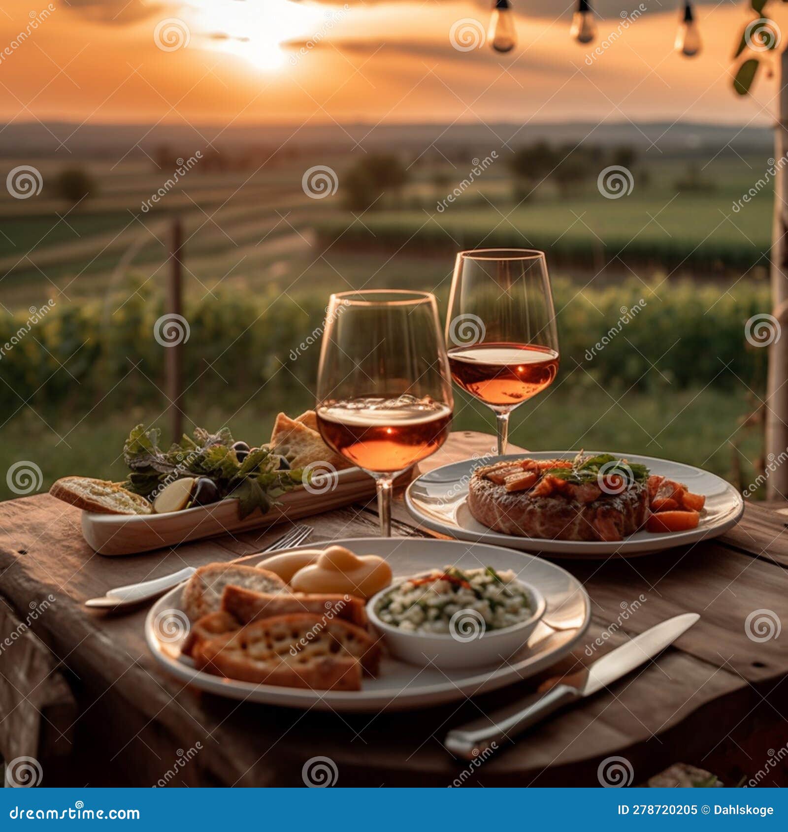 Dinner with View Over Fields in Sunset Stock Illustration ...
