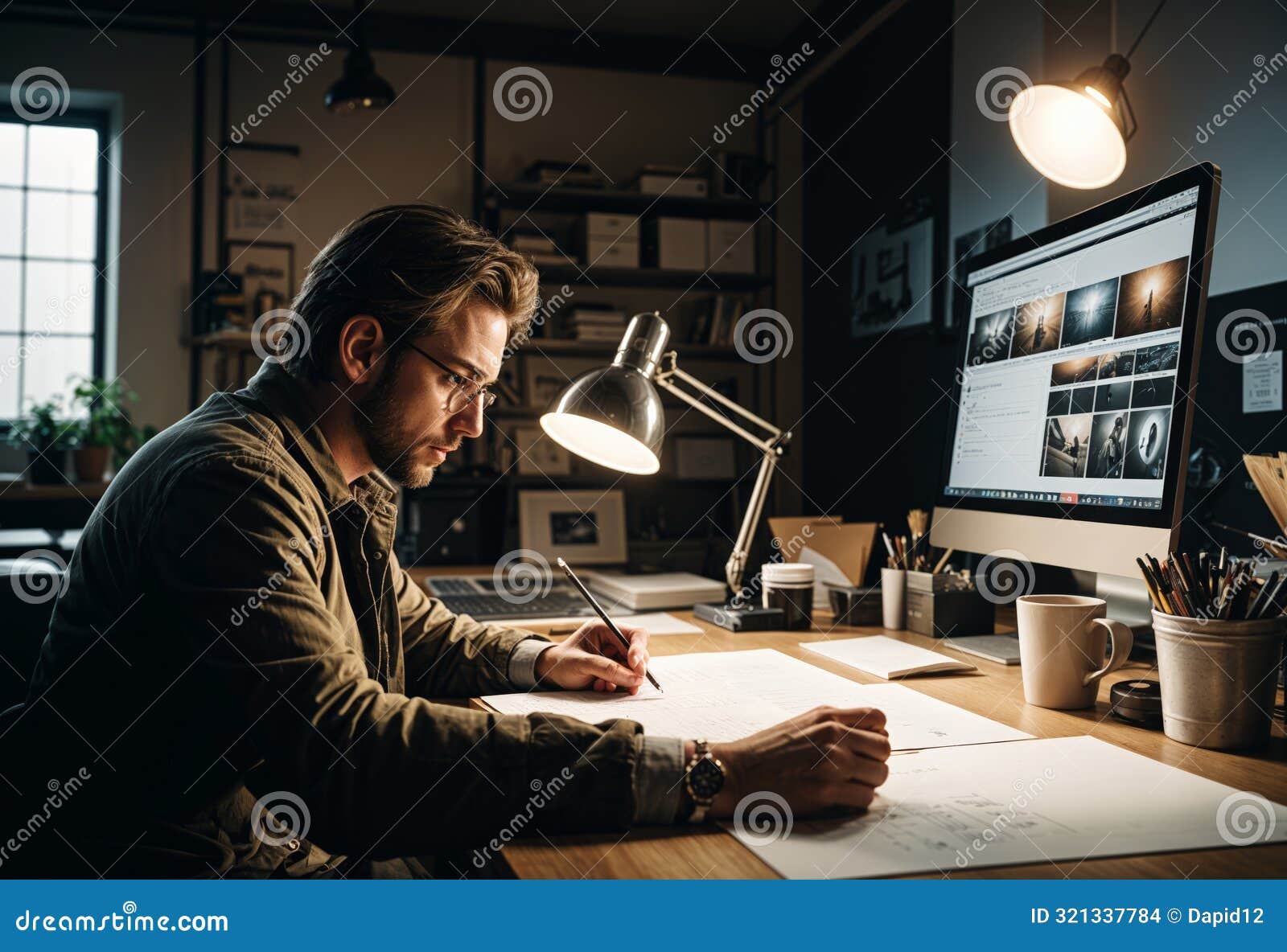 A Photographer is Working on His Computer at a Desk Stock Illustration ...