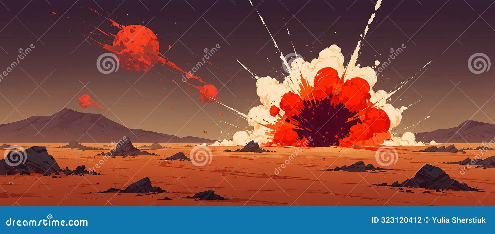 Planetary Mars Desert Landscape with Space Asteroid Explosion Alien Red ...