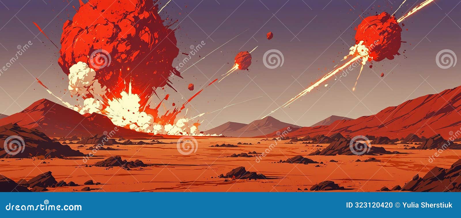 Planetary Mars Desert Landscape with Space Asteroid Explosion Alien Red ...