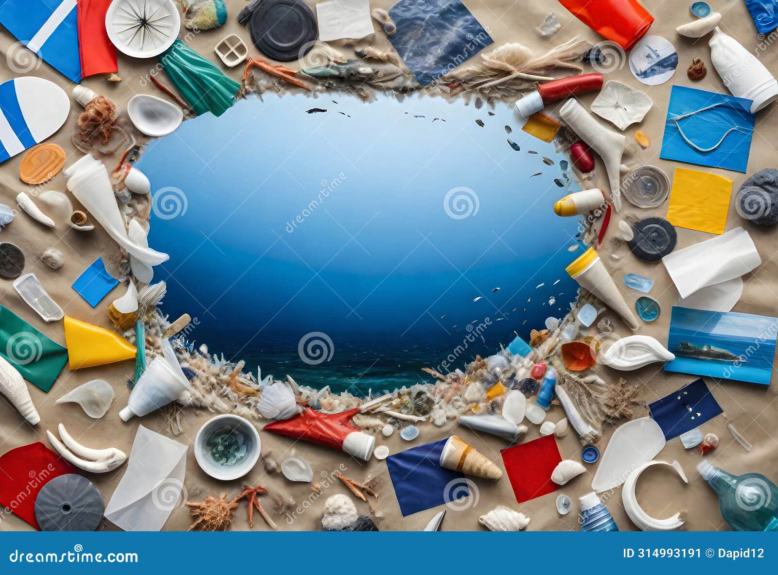 A Circle of Sea Shells with Plastic Pollution in the Ocean, Ocean ...