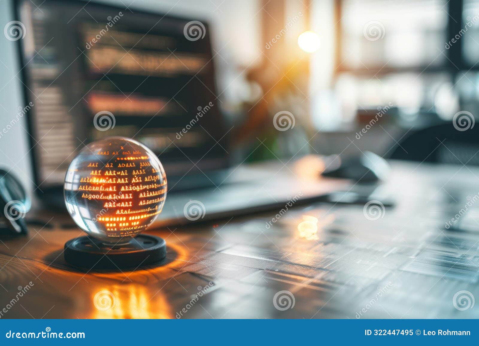 AI Powered Spherical Device on a Wooden Desk, Symbolizing Advanced ...