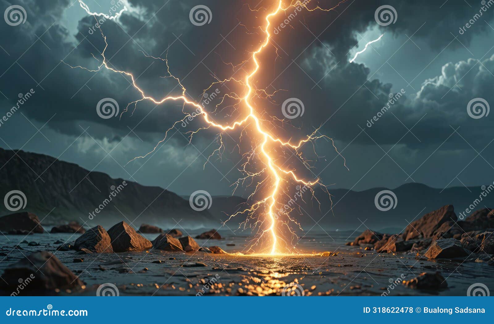 A Lightning Bolt is Striking a Mountain in the Distance. Stock Illustration - Illustration of ...
