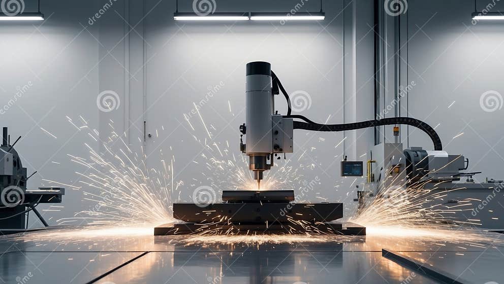 Precision Machining Process Creates Sparks in a Modern Workshop. Stock ...