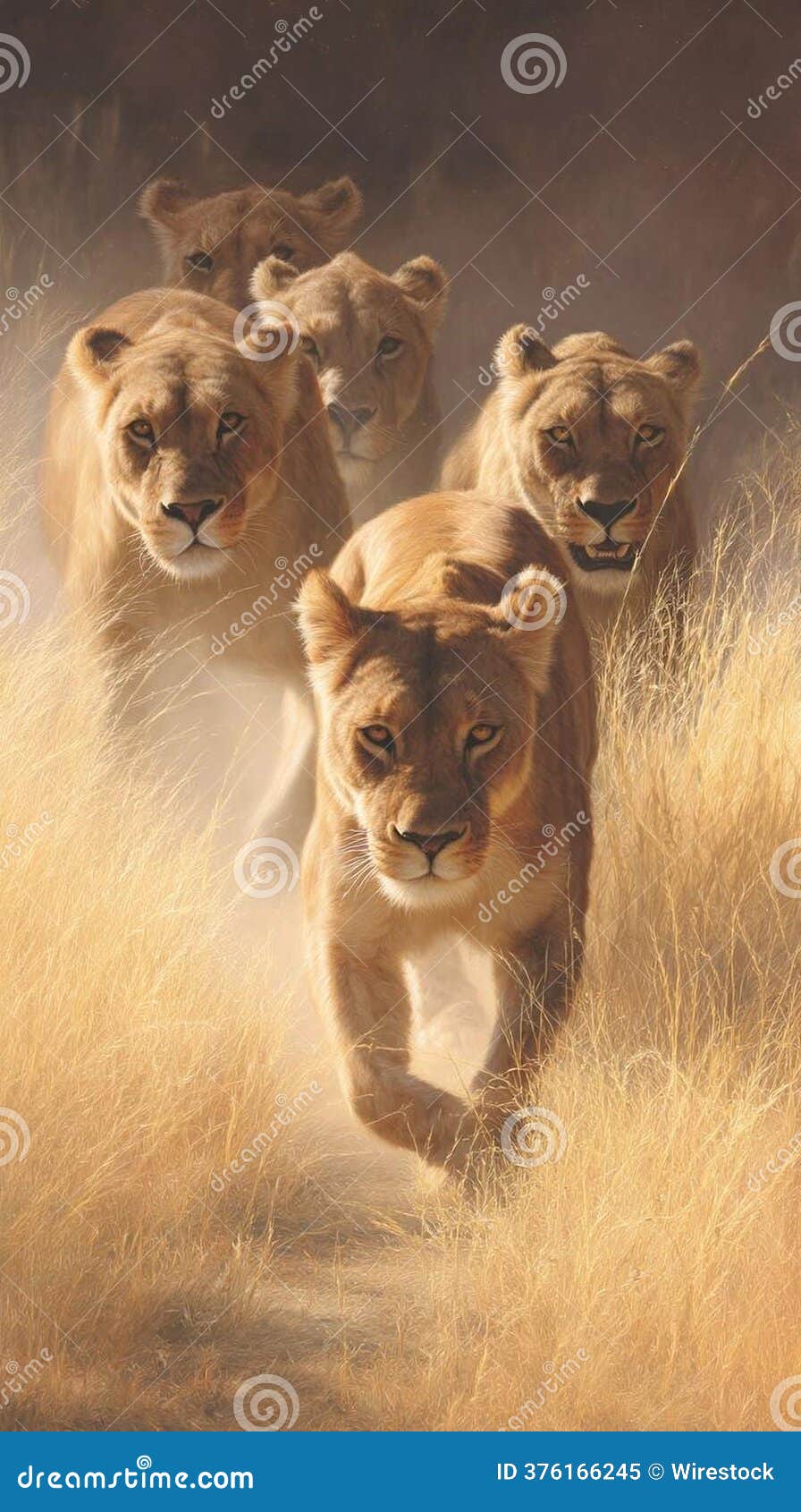 Lionesses Walking Through Tall Grass At Sunset Stock Image ...