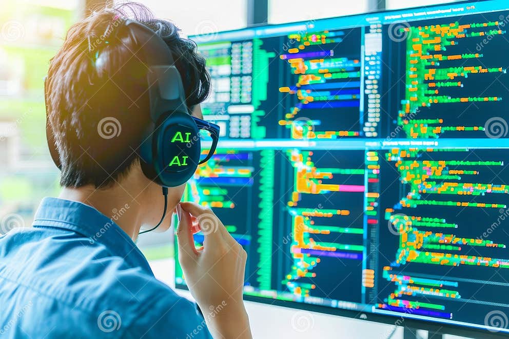 Programmer Using AI Enabled Systems on Dual Monitors, Illustrating the ...