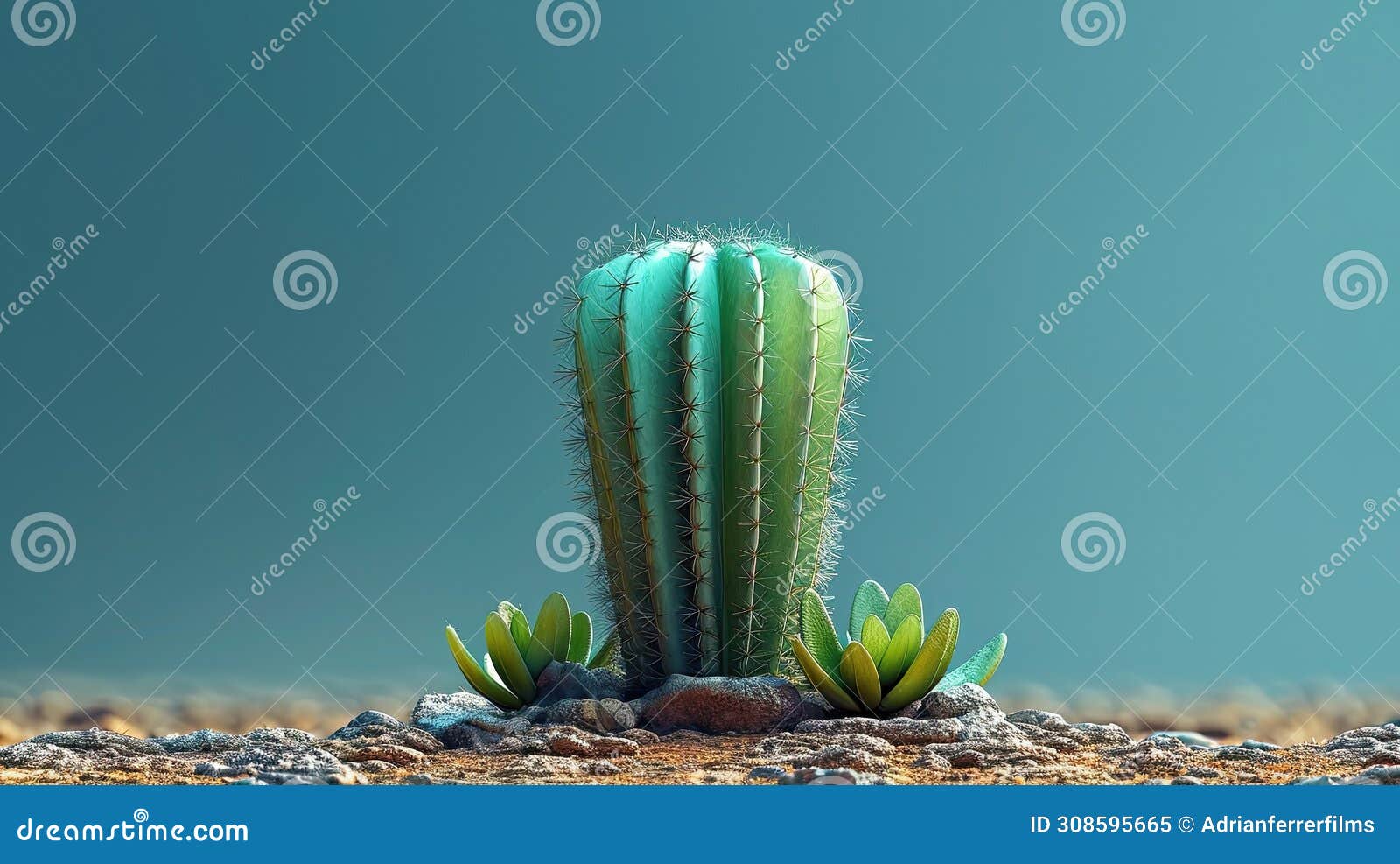 Realistic 3D Render of a Lone Cactus with Succulent Plants on Rocky ...