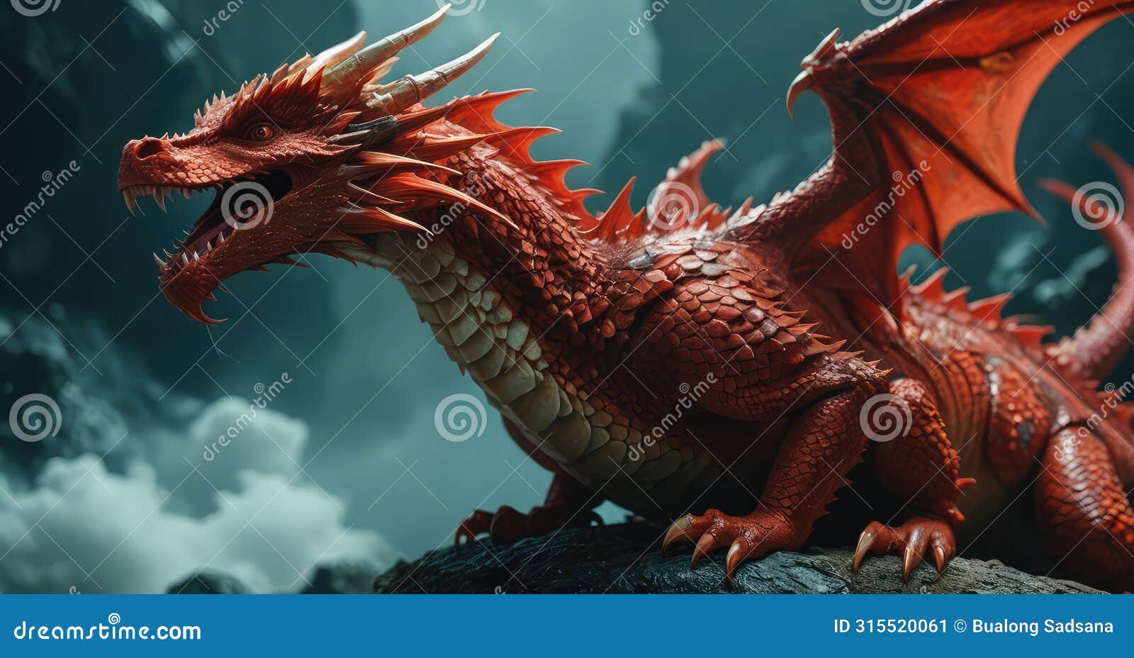A Red Dragon is Sitting on a Rock in Front of a Dark Background. Stock ...