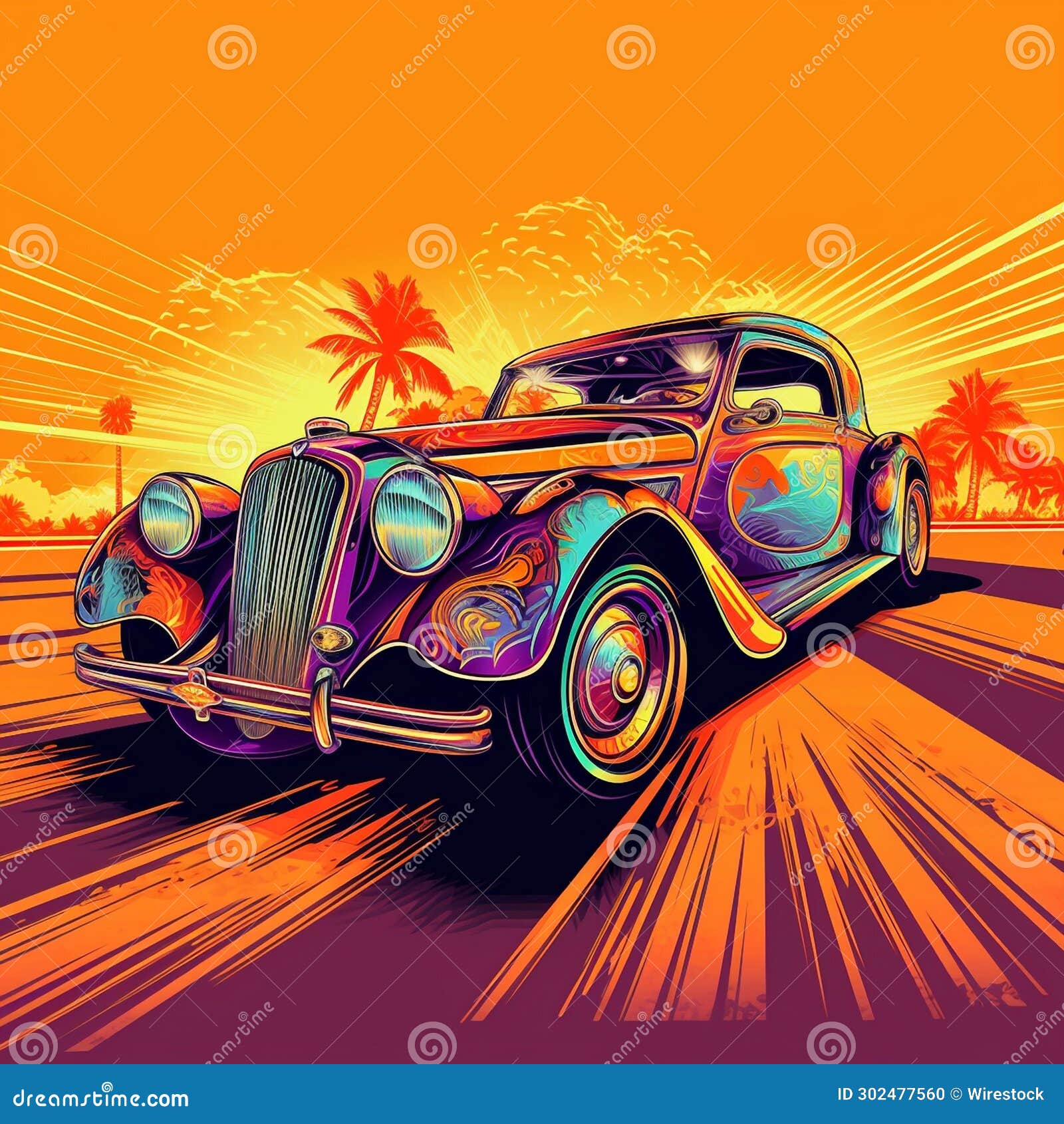 AI Generated Retro Car Moving in Orange Environment Stock Illustration ...