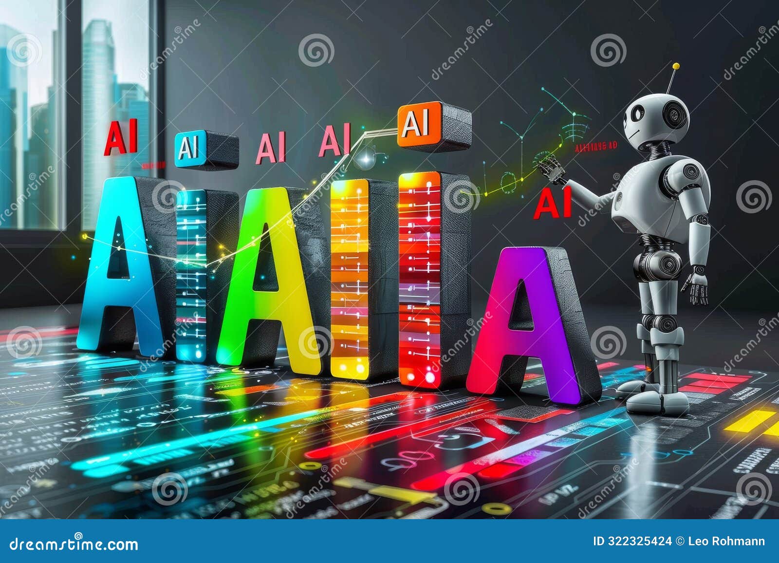 Robot Interacting with Colorful AI Letters, Representing Artificial ...