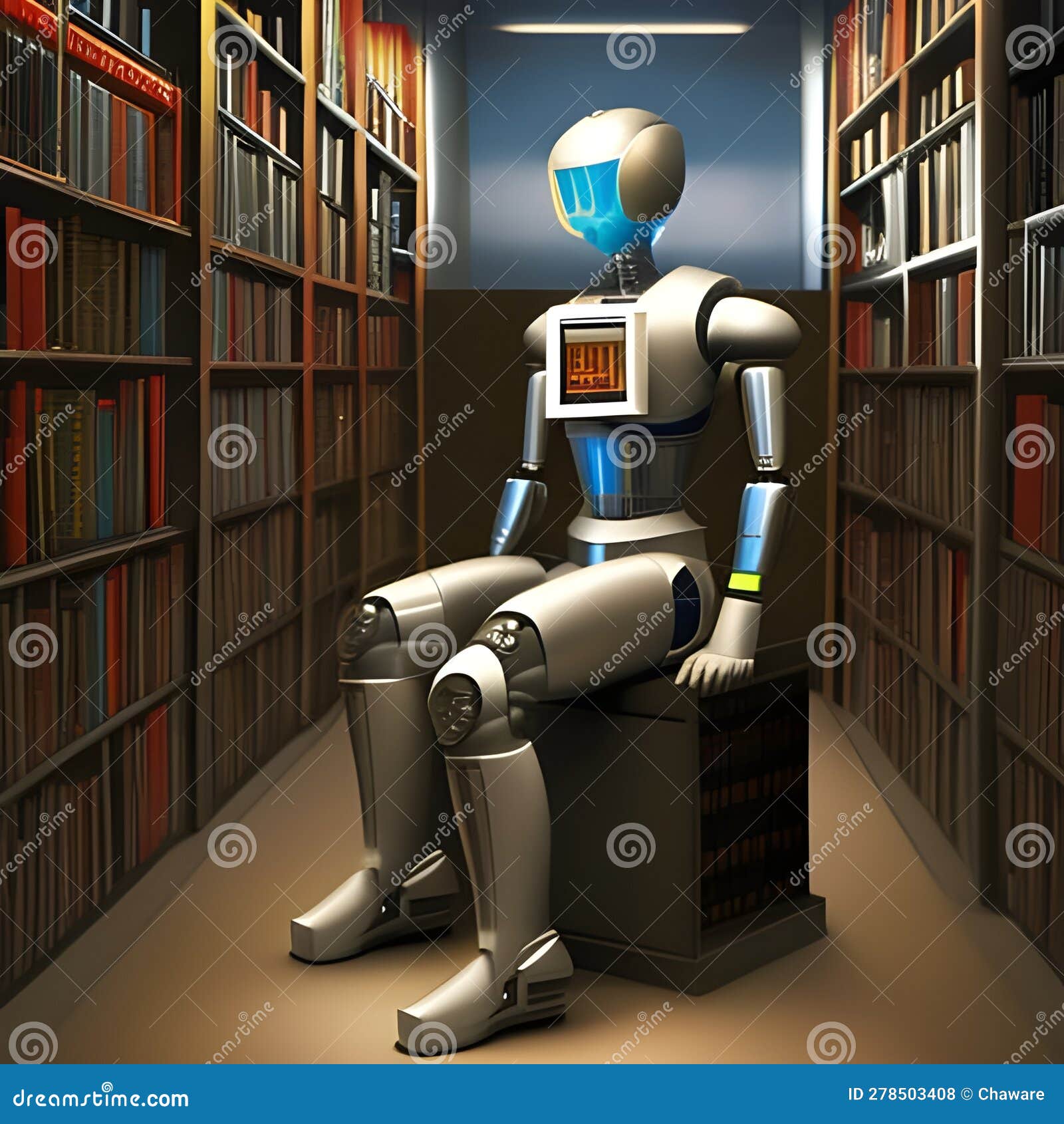 AI Generated Robot in Library Stock Illustration - Illustration of ...