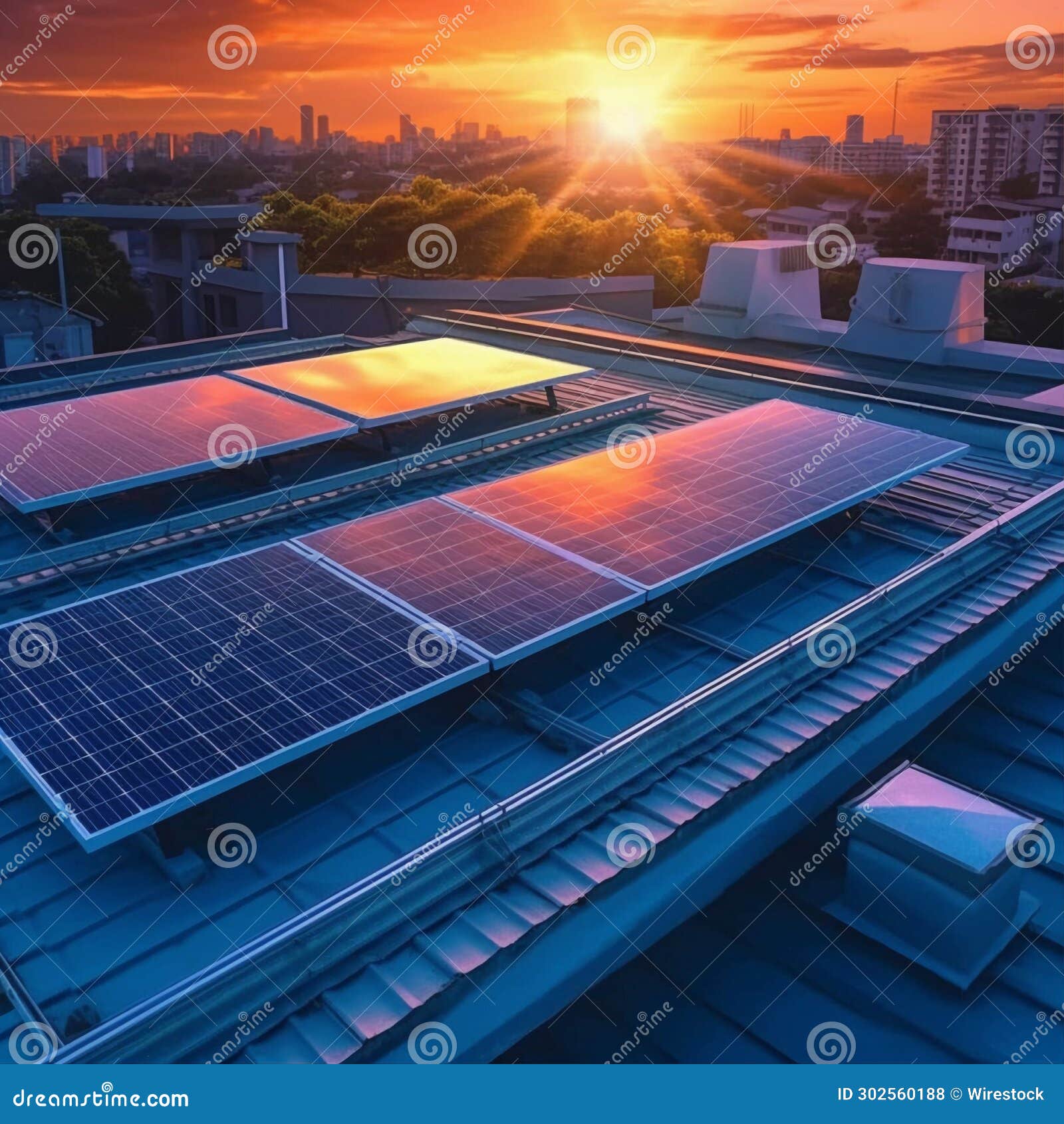 AI Generated Rooftop Solar Array Illuminated by Sun Stock Illustration ...