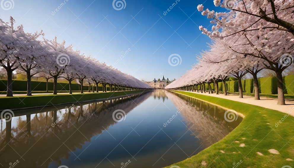 A Row of Cherry Trees with the Sky in the Background Stock Illustration ...