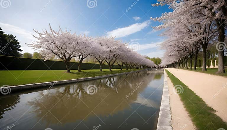 A Row of Cherry Trees with a Sky in the Background Stock Illustration ...