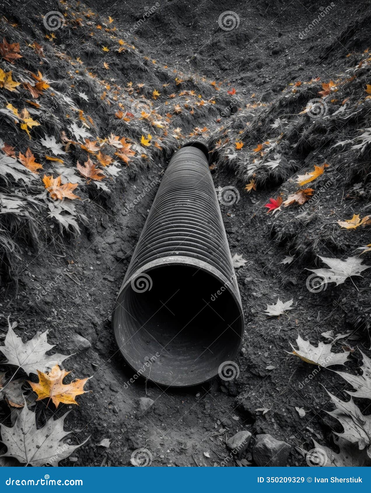Rusty Metal Culvert Pipe Emerging from Hillside Surrounded by Fall ...