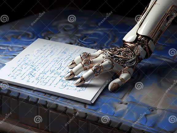 AI-Generated Scholar: Robot Hand Checking Notebook Stock Image - Image ...