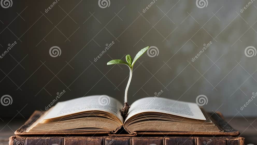 Seedling Sprouting from Weathered Book Symbolizing New Knowledge and ...