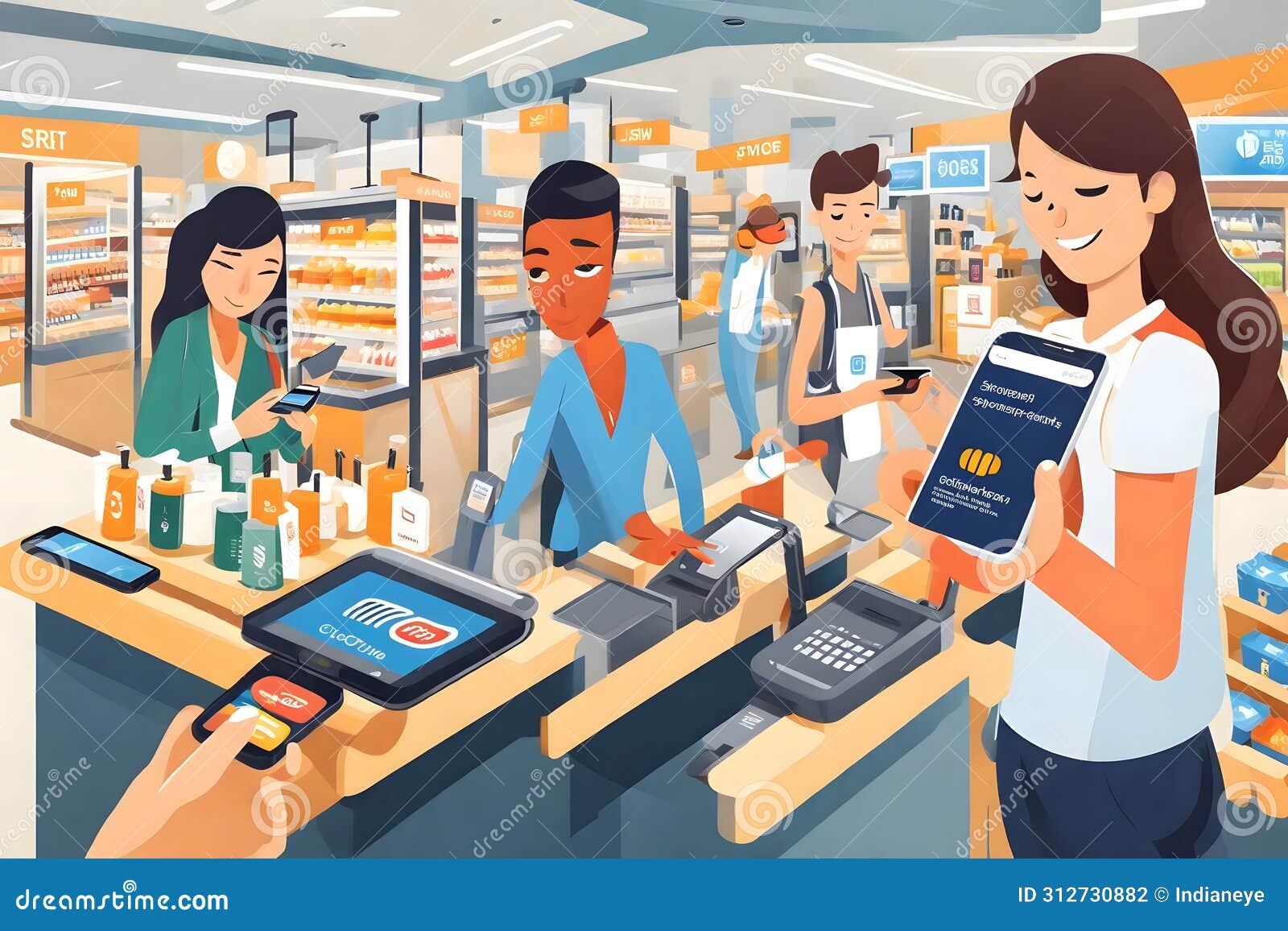 People Using Mobile Payment at Check-out Stock Illustration ...
