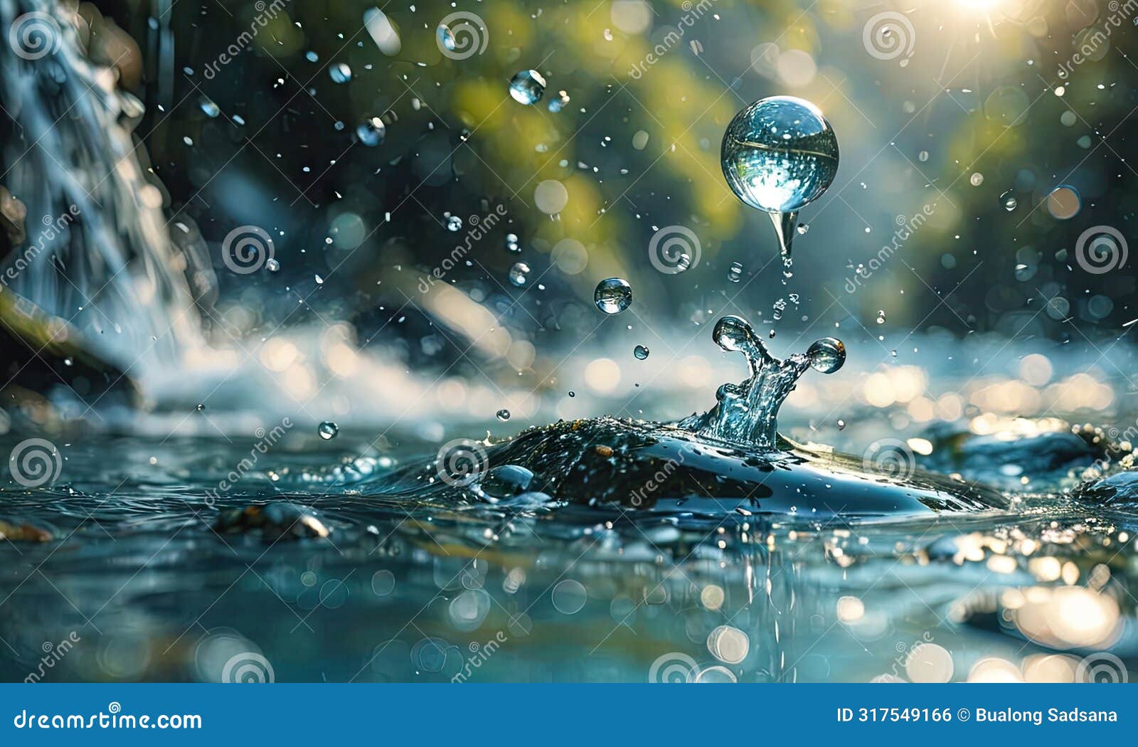A Drop of Water Splashing into the Water in Front of a Waterfall. Stock ...
