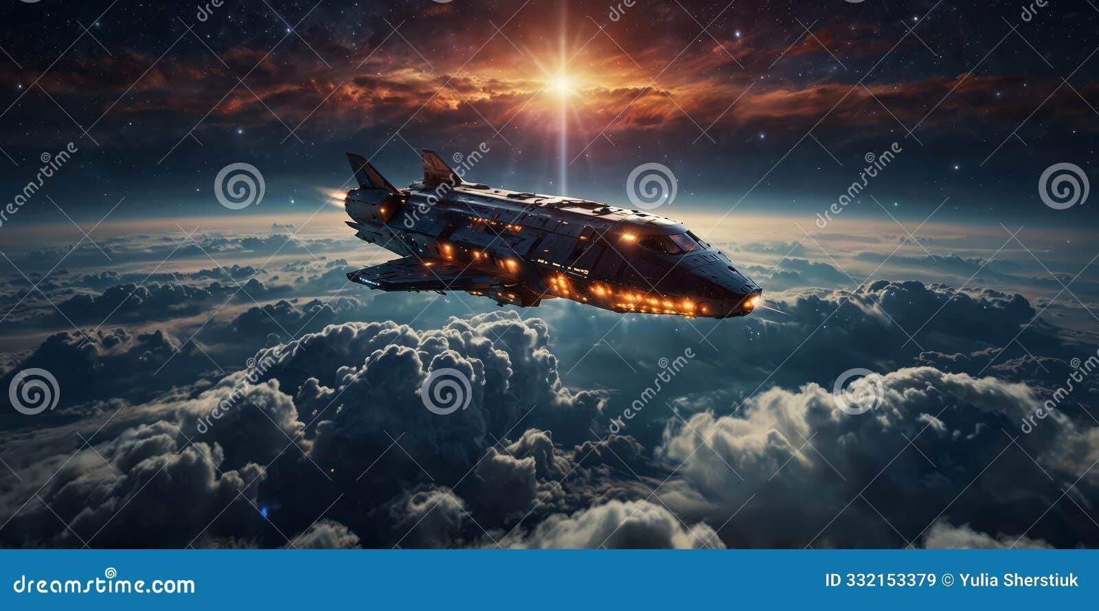 A Spaceship is Flying Above the Clouds with a Beautiful Nebula in the ...