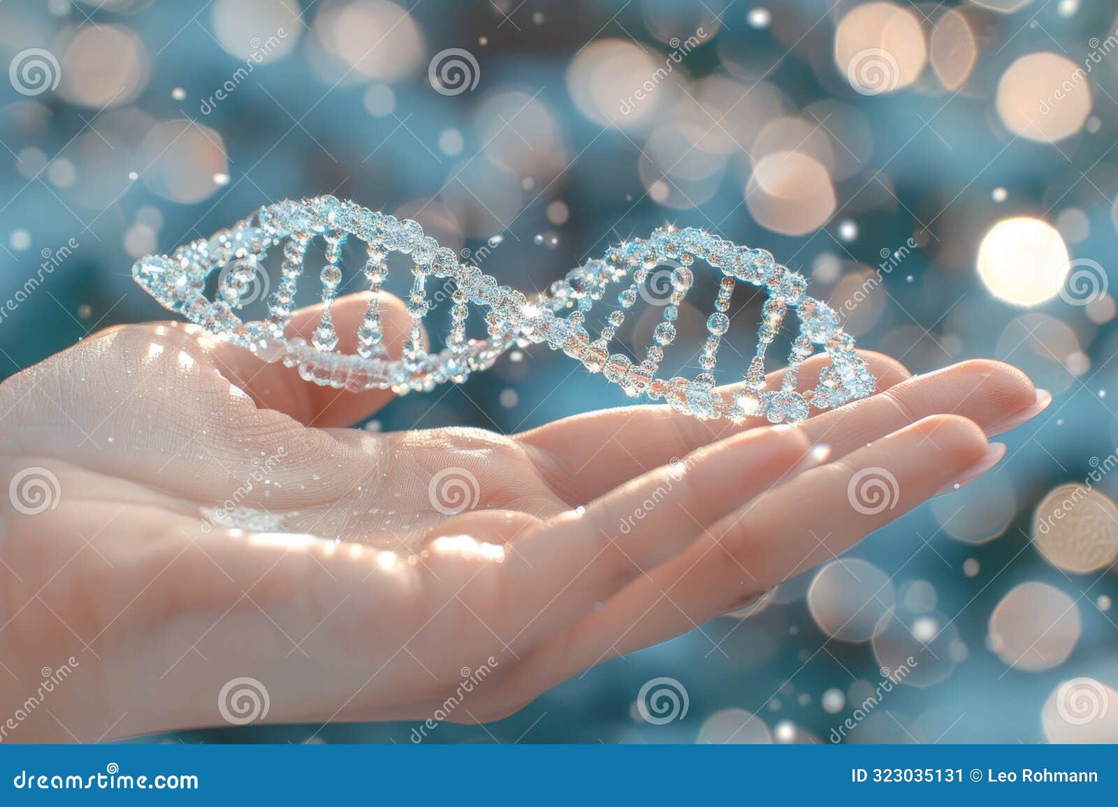 Sparkling Double Helix DNA Models in Hands with a Bokeh Background ...
