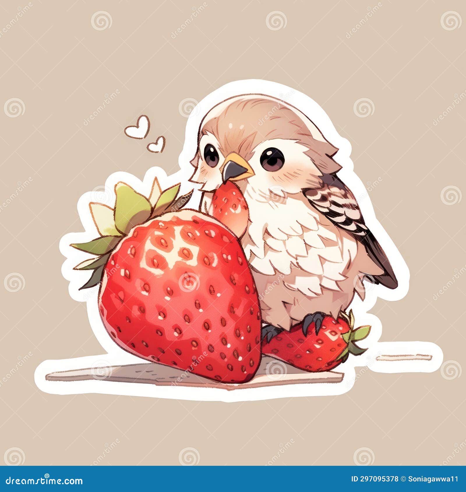 Sparrow Eat Strawberry Chibi Cartoon Style Isolated Plain Background by ...