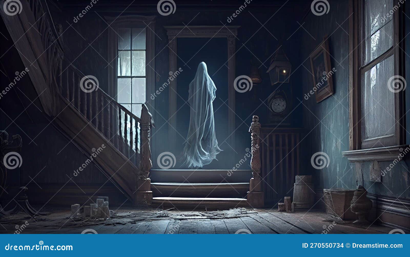 Ghostly Apparition Of A Woman In White, Standing In Front Of A Moonlit ...