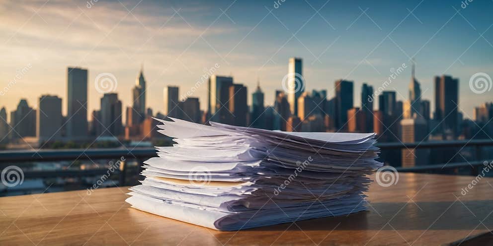 A Stack of Papers is on a Table with a City Skyline in the Background ...
