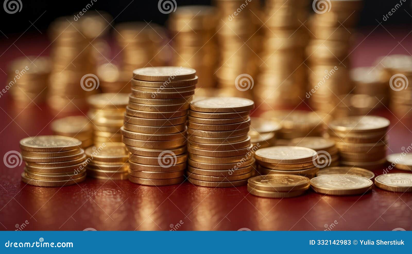 Stacks of Gold Coins on Red Surface with Lighting. Stock Illustration ...